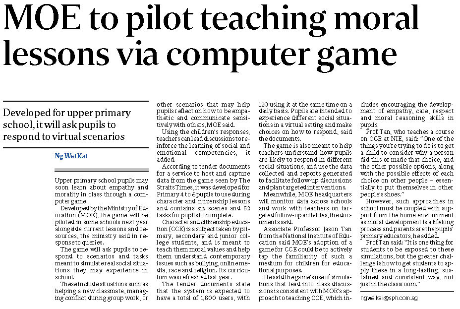 MOE to pilot teaching moral lessons via computer game | National ...